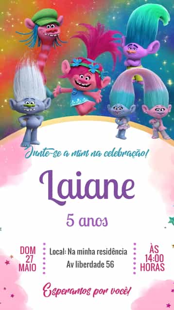 Invitación Digital de Trolls para Cumpleaños Infantil | Convitede