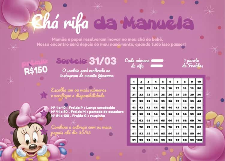 Chá Rifa Minnie Mouse Cha - Convite Digital Criativo | Convitede