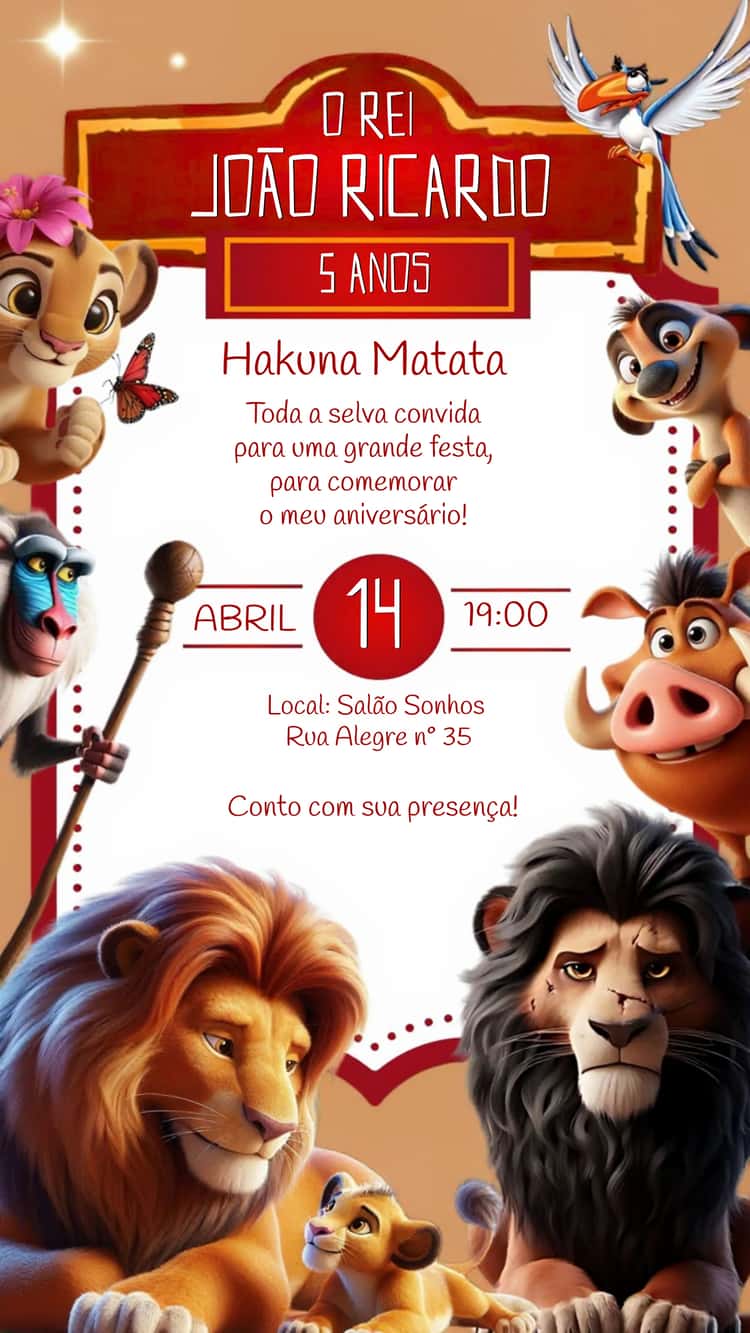 Convite Digital Rei Leão Mufasa - Aniversário Infantil | Convitede